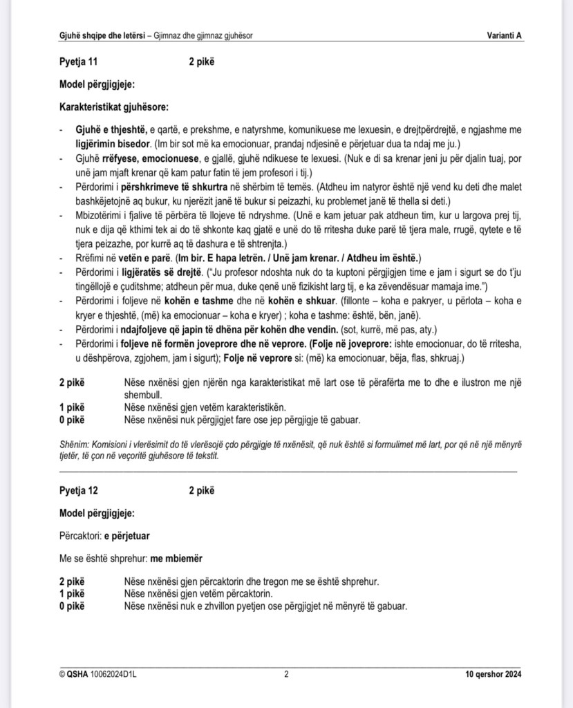 Skema e vlerësimit të testit Gjuhë shqipe dhe letërsi (Gjimnazi dhe ...