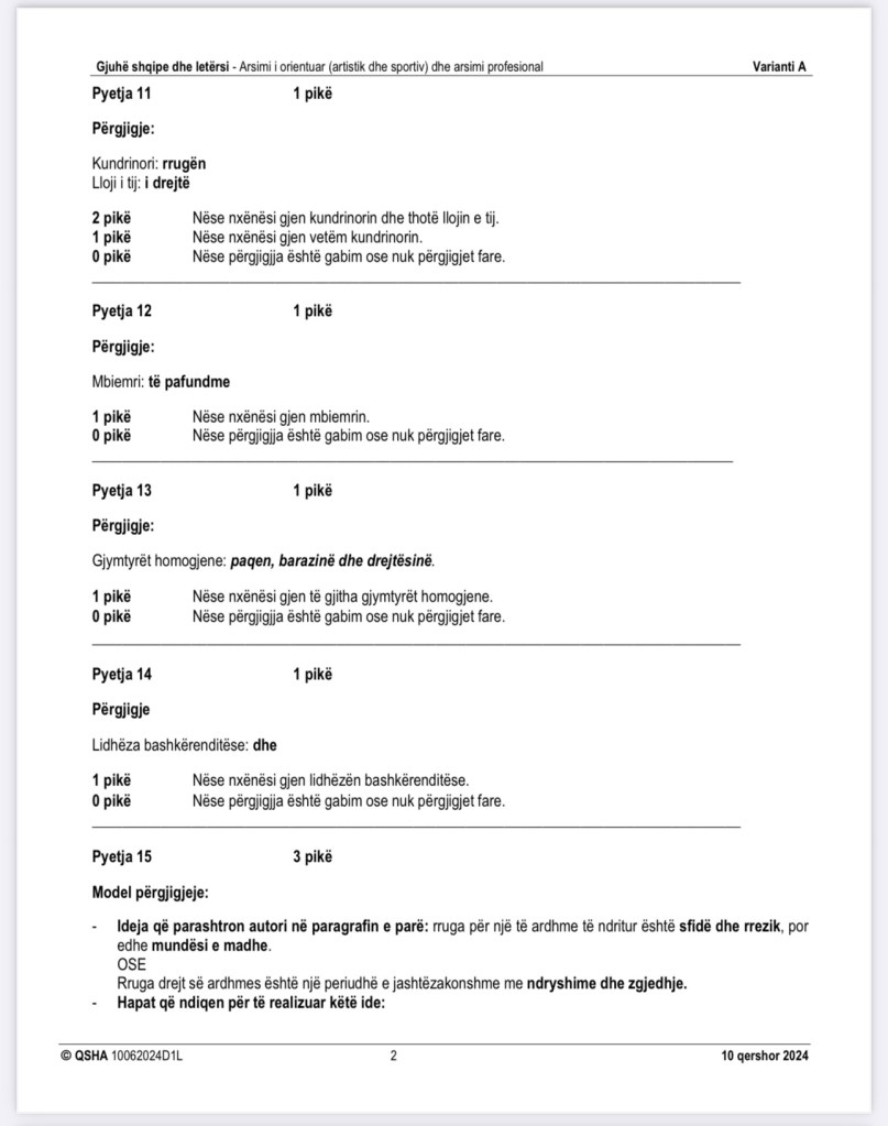 SKEMA E VLERËSIMIT TË TESTIT Gjuhë shqipe dhe letërsi - Arsimi i ...